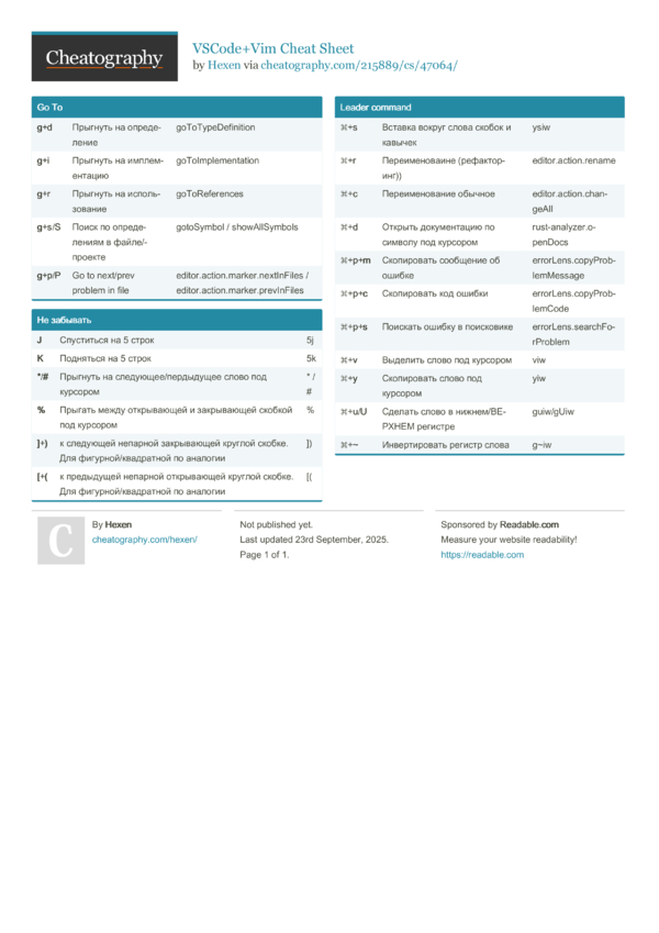 VSCode+Vim Cheat Sheet by Hexen - Download free from Cheatography ...