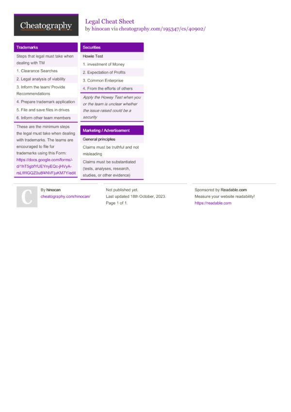 Legal Cheat Sheet by hinocan - Download free from Cheatography ...
