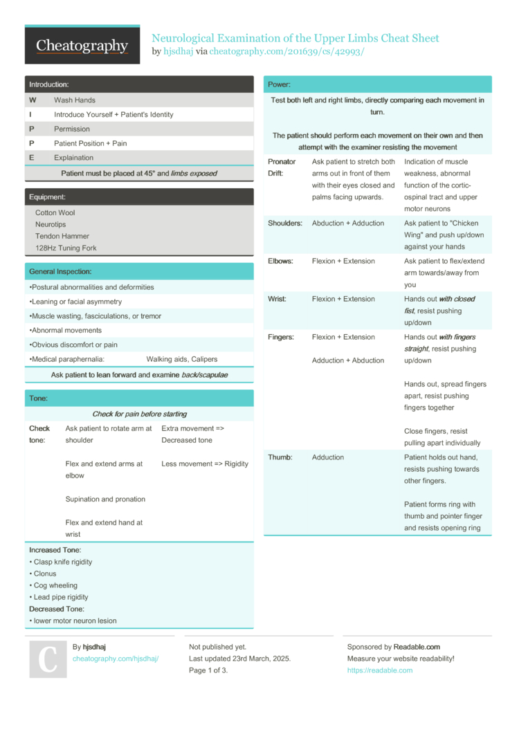 Neurological Examination of the Upper Limbs Cheat Sheet by hjsdhaj ...