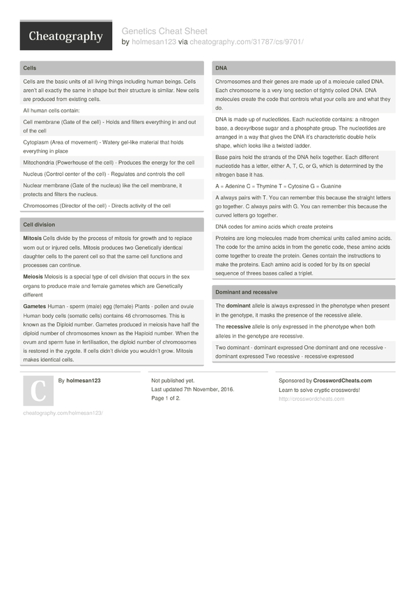 Genetics Cheat Sheet by holmesan123 - Download free from Cheatography ...