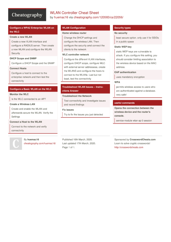 WLAN Controller Cheat Sheet by huemac16 - Download free from ...
