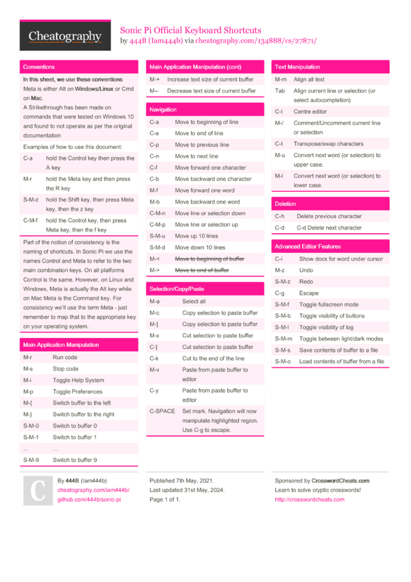 Sonic Pi Official Keyboard Shortcuts by Iam444b - Download free from ...
