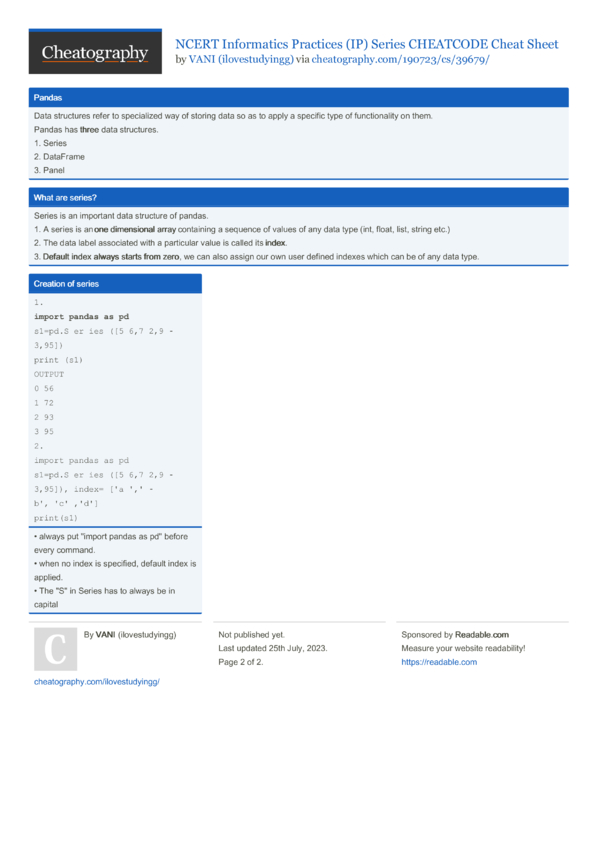 NCERT Informatics Practices (IP) Series CHEATCODE Cheat Sheet by ...
