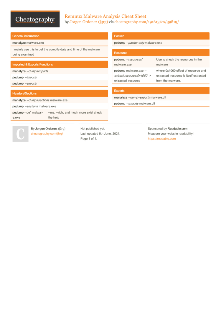 Remnux Malware Analysis Cheat Sheet by j3rg - Download free from ...