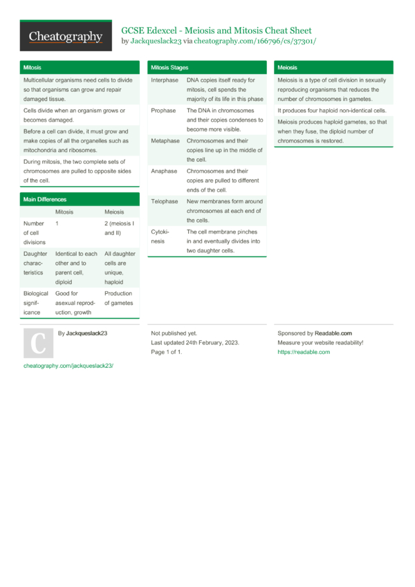GCSE Edexcel - Meiosis and Mitosis Cheat Sheet by Jackqueslack23 ...