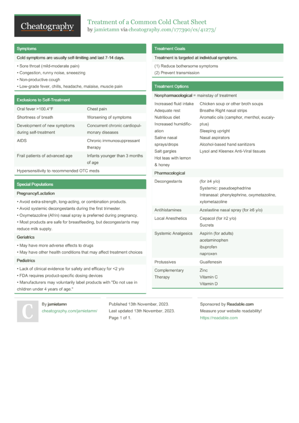 Treatment of a Common Cold Cheat Sheet by jamietamn - Download free ...