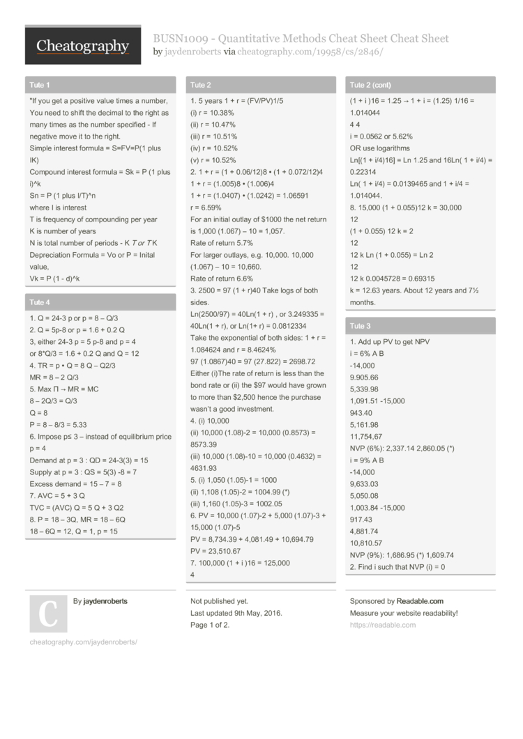 Quantitative Methods Formulas Semester I Quantitative Techniques | PDF