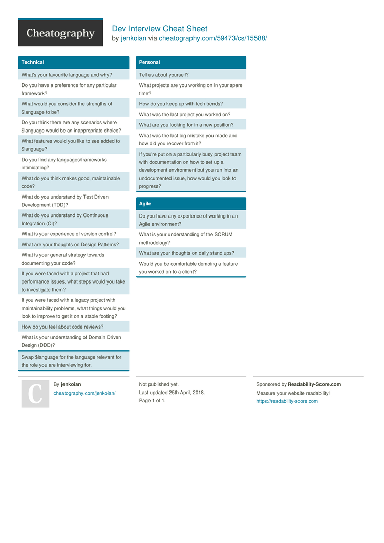 Dev Interview Cheat Sheet by jenkoian - Download free from Cheatography ... Dev Interview Cheat Sheet by jenkoian - Download free from Cheatography ...