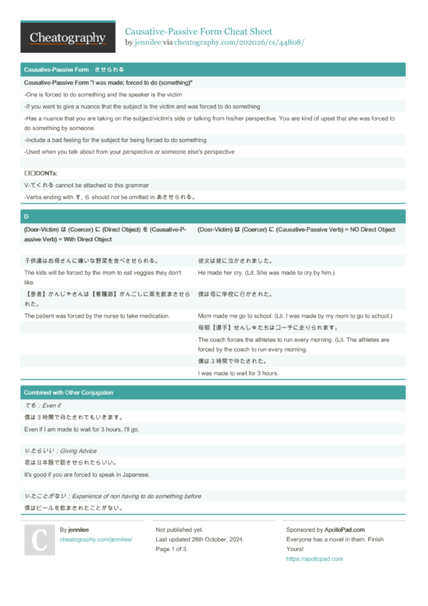 Causative-Passive Form Cheat Sheet by jennilee - Download free from Cheatography - Cheatography ...