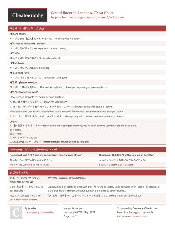 Sound fluent in Japanese Cheat Sheet by jennilee - Download free from ...