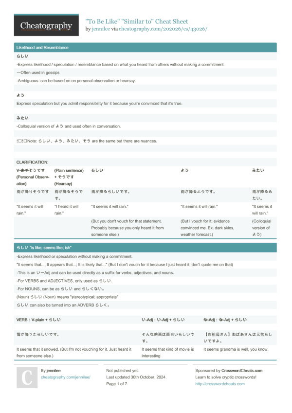 "To Be Like" "Similar to" Cheat Sheet by jennilee - Download free from ...