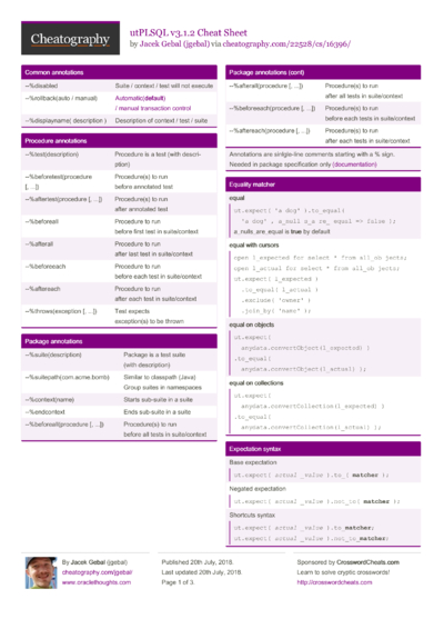 utPLSQL v3 Cheat Sheet by jgebal - Download free from Cheatography ... utPLSQL v3 Cheat Sheet by jgebal - Download free from Cheatography ...
