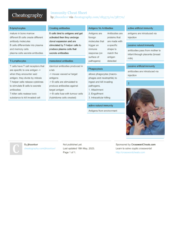 immunity Cheat Sheet by jihoonluvr - Download free from Cheatography ...