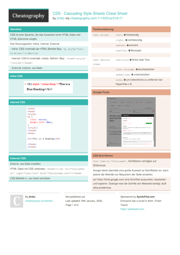 CSS - Cascading Style Sheets Cheat Sheet by jimbo - Download free from ... CSS - Cascading Style Sheets Cheat Sheet by jimbo - Download free from ...