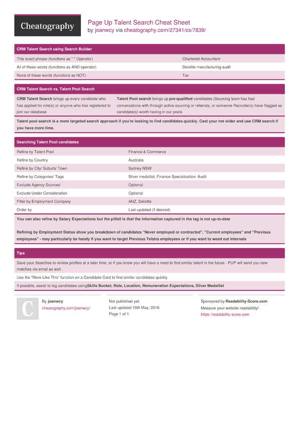 Page Up Talent Search Cheat Sheet by joanwcy - Download free from Cheatography - Cheatography ...