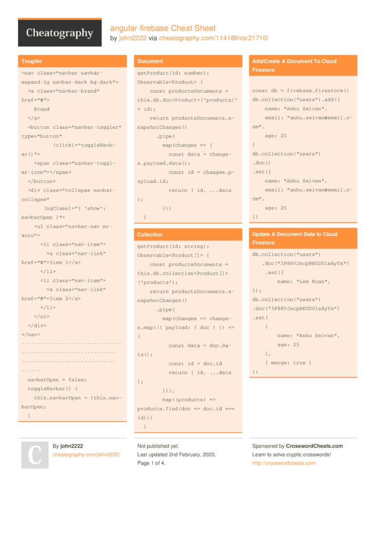 angular-firebase Cheat Sheet by john2222 - Download free from ... angular-firebase Cheat Sheet by john2222 - Download free from ...