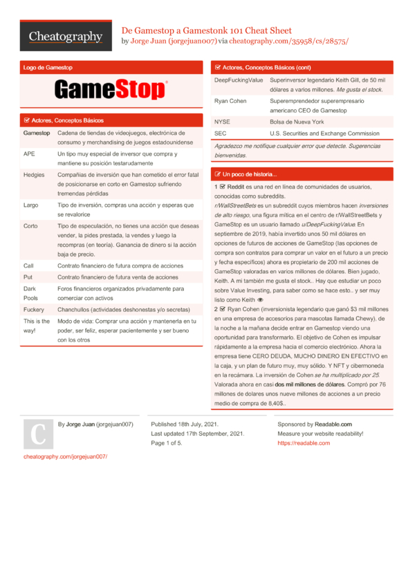 De Gamestop a Gamestonk 101 Cheat Sheet by jorgejuan007 - Download free ...