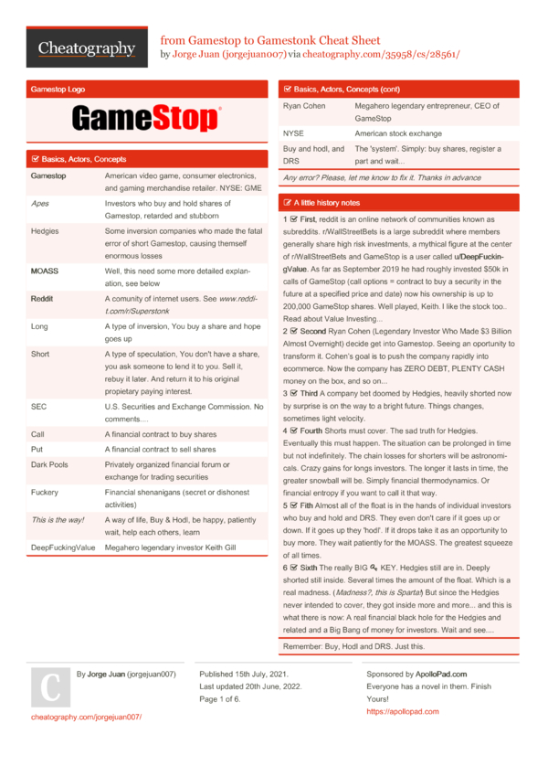 from Gamestop to Gamestonk Cheat Sheet by jorgejuan007 - Download free ...