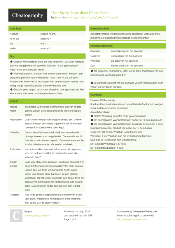 User Story cheat sheet Cheat Sheet by jorn - Download free from ...