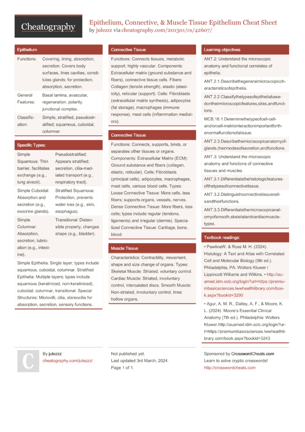 Epithelium, Connective, & Muscle Tissue Epithelium Cheat Sheet by ...