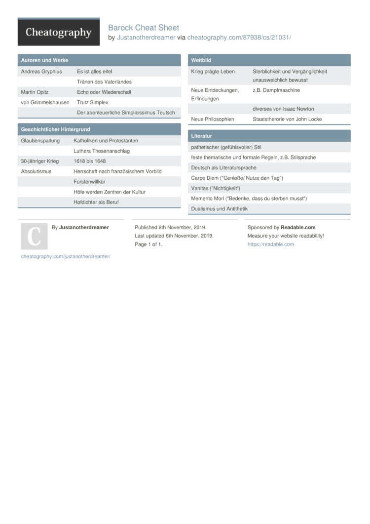 Barock Cheat Sheet by Justanotherdreamer - Download free from ...