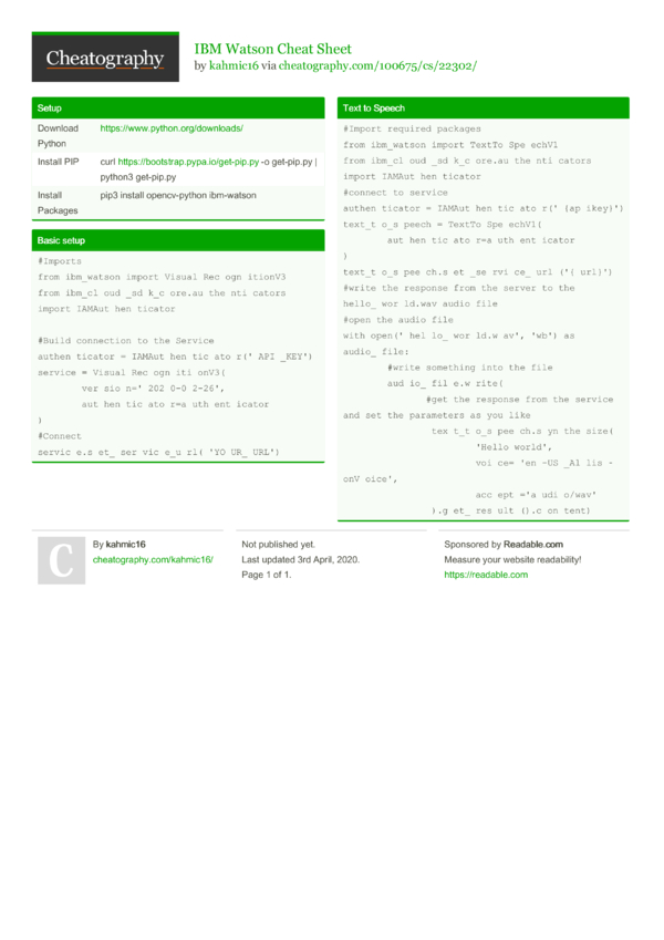 IBM Watson Cheat Sheet by kahmic16 - Download free from Cheatography ...