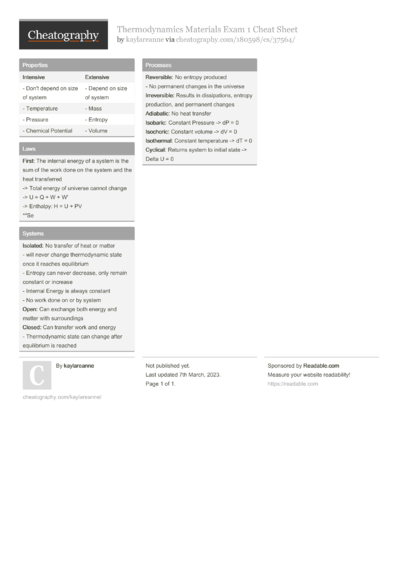 7 Thermodynamics Cheat Sheets - Cheatography.com: Cheat Sheets For ...