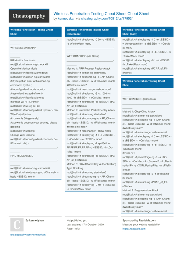 Wireless Penetration Testing Cheat Sheet Cheat Sheet by kennedykan ...