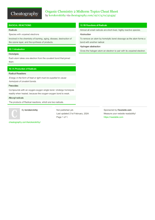 Organic Chemistry 2 Midterm Topics Cheat Sheet by kerokerokirby ...