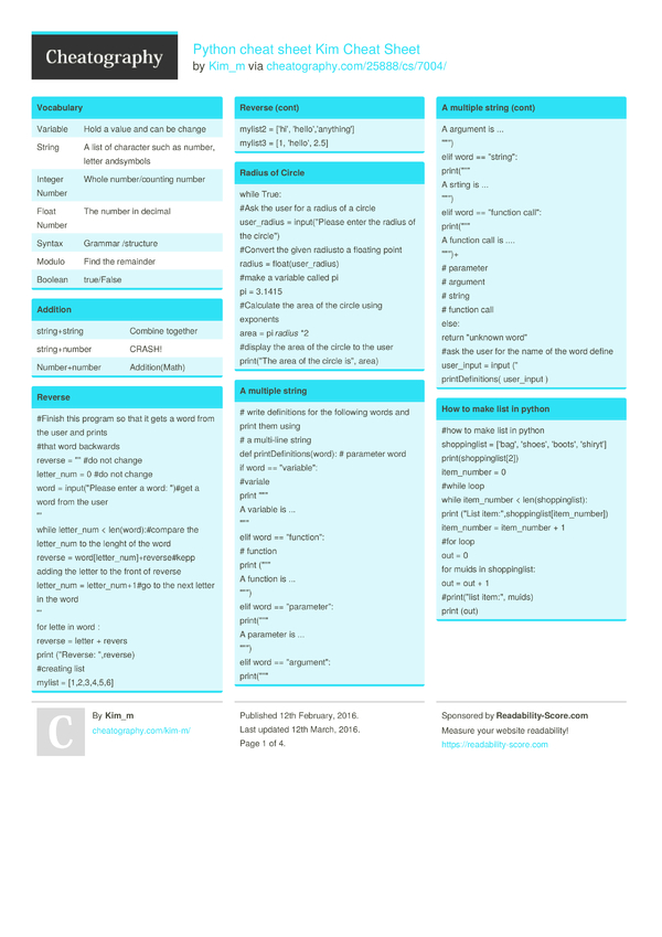 Python Cheat Sheet Kim Cheat Sheet By Kim M - Download Free From