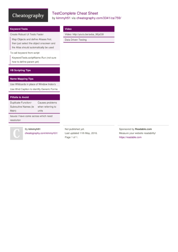 TestComplete Cheat Sheet by kimmyh51 - Download free from Cheatography ...