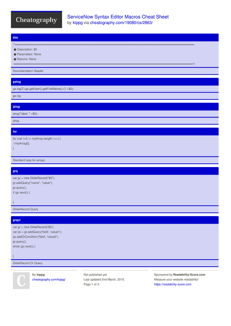 ServiceNow Syntax Editor Macros Cheat Sheet by kippg - Download free ... ServiceNow Syntax Editor Macros Cheat Sheet by kippg - Download free ...