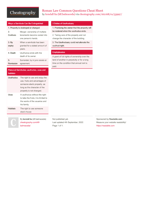 Roman Law Common Questions Cheat Sheet by klf.balmaceda - Download free ...