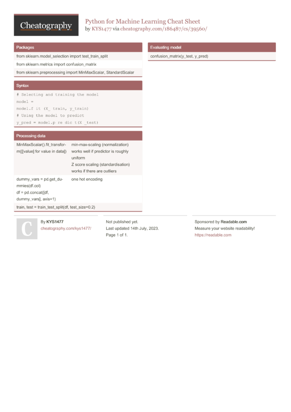 Python for Machine Learning Cheat Sheet by KYS1477 - Download free from ... Python for Machine Learning Cheat Sheet by KYS1477 - Download free from ...