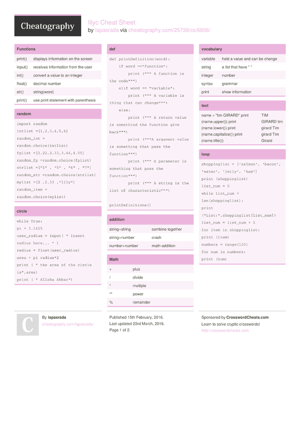 lilyc Cheat Sheet by lapasrada - Download free from Cheatography - Cheatography.com: Cheat ...