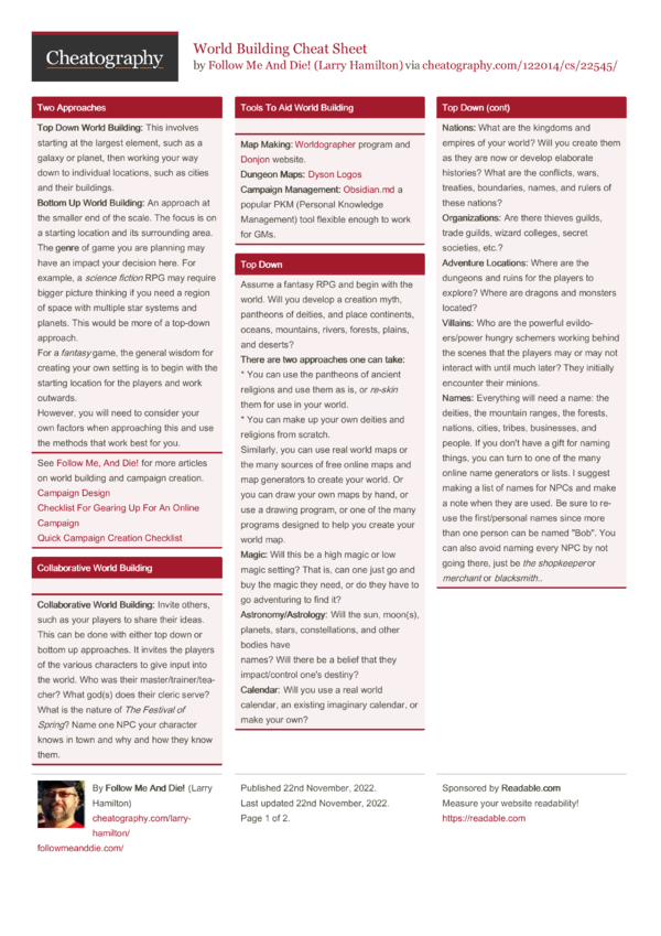 World Building Cheat Sheet by Larry Hamilton - Download free from ...