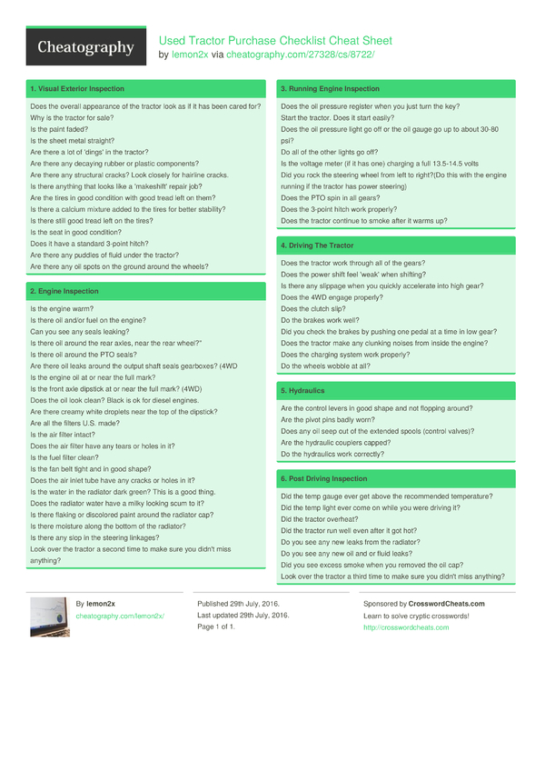Used Tractor Purchase Checklist Cheat Sheet by lemon2x - Download free ...