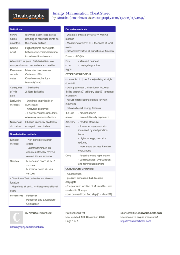 Energy Minimisation Cheat Sheet by lemonbuzz - Download free from ...
