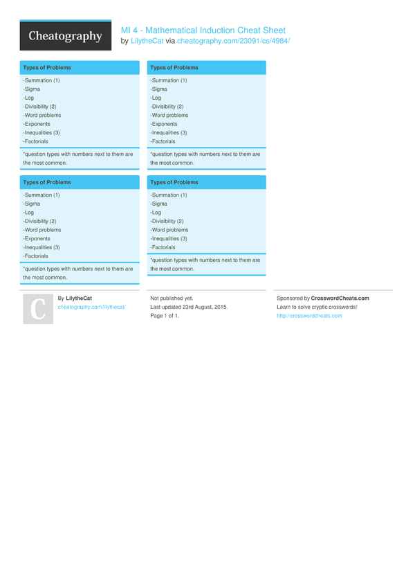 MI 4 - Mathematical Induction Cheat Sheet by LilytheCat - Download free ...