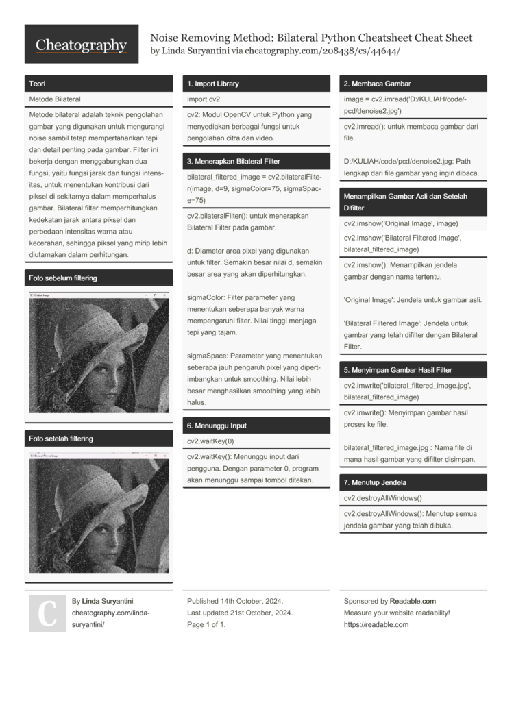 Noise Removing Method: Bilateral Python Cheatsheet Cheat Sheet by Linda ... Noise Removing Method: Bilateral Python Cheatsheet Cheat Sheet by Linda ...