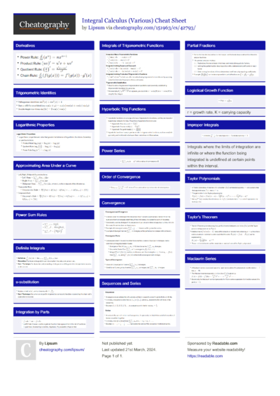 22 Calculus Cheat Sheets - Cheatography.com: Cheat Sheets For Every ...