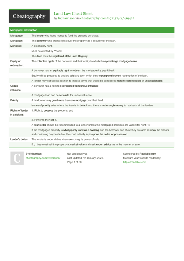 Land Law Cheat Sheet by livjharrison - Download free from Cheatography ...