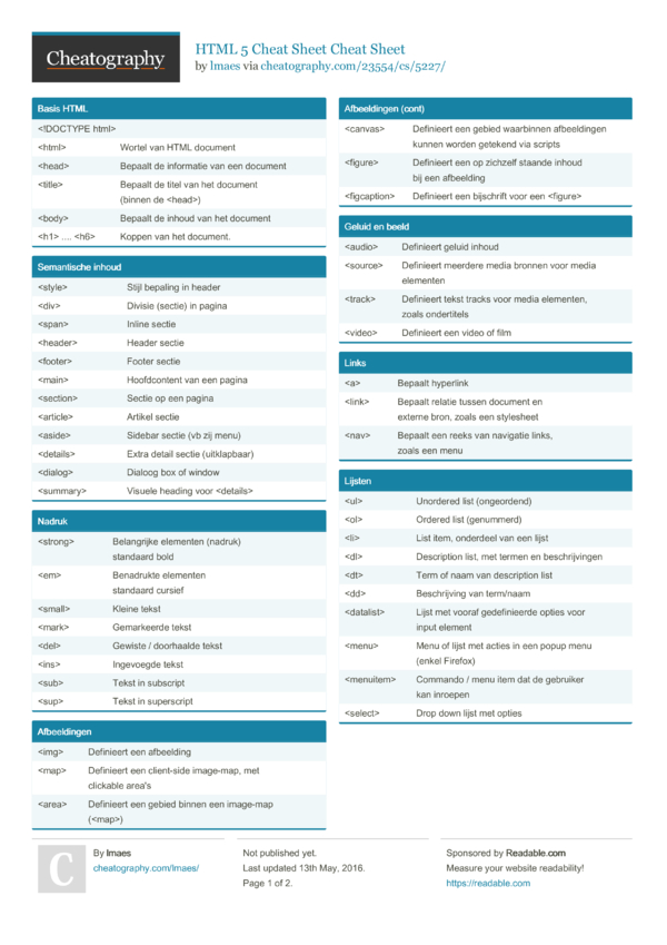 HTML 5 Cheat Sheet Cheat Sheet by lmaes - Download free from ...