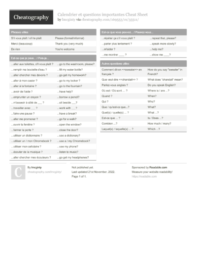 158 French Cheat Sheets - Cheatography.com: Cheat Sheets For Every Occasion