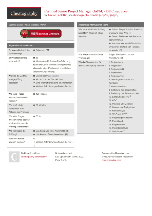 Certified Senior Project Manager (IAPM) - DE Cheat Sheet by LndOttm ...