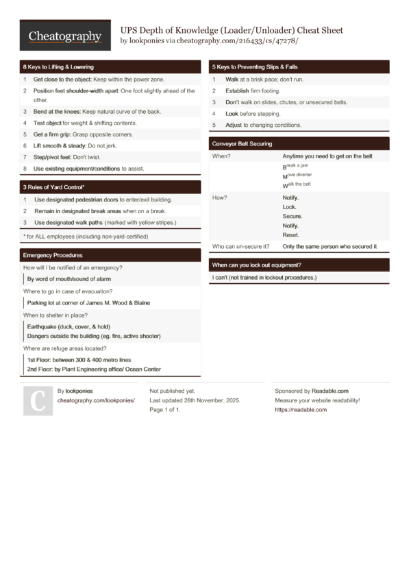 UPS Depth of Knowledge (Loader/Unloader) Cheat Sheet by lookponies ...