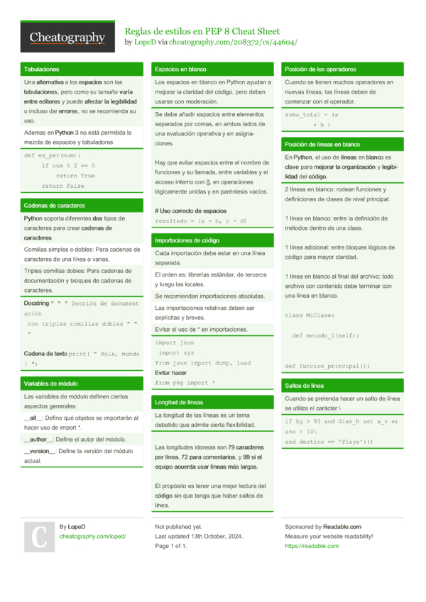 Reglas de estilos en PEP 8 Cheat Sheet by LopeD - Download free from Cheatography - Cheatography ...