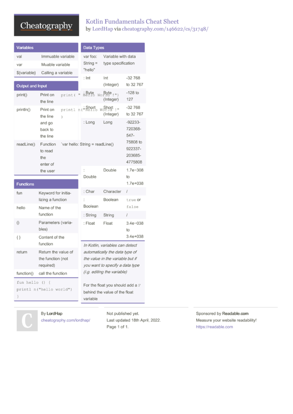 Kotlin Fundamentals Cheat Sheet by LordHap - Download free from ... Kotlin Fundamentals Cheat Sheet by LordHap - Download free from ...