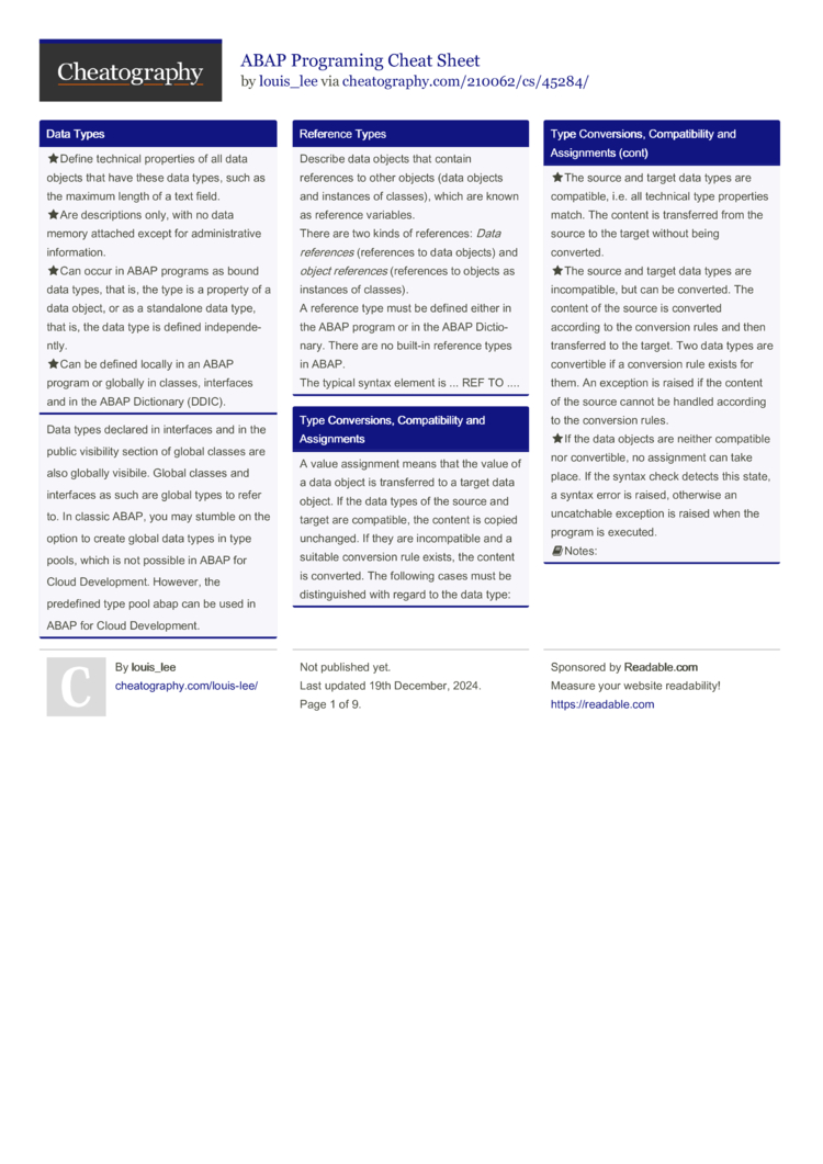 Abap Programing Cheat Sheet By Louis Lee Download Free From Cheatography