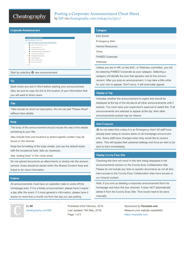 Posting a Corporate Announcement Cheat Sheet by ltill - Download free ...